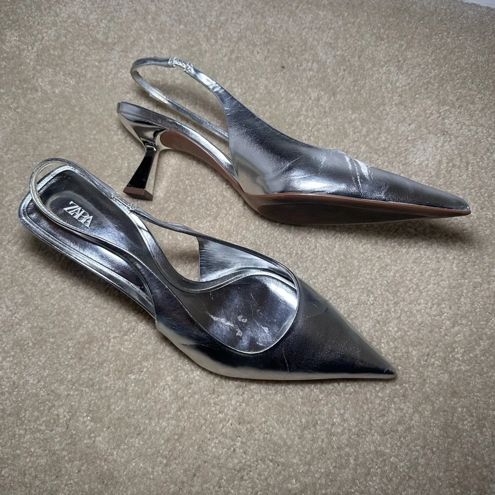 Zara | Shoes | Zara Metallic Silver Pointed Toe Slingback Heels | Poshmark